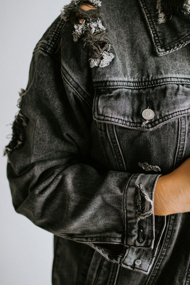 Oversized Distressed Denim Jacket - Black or Light Blue – Lauriebelles